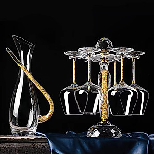 Elegant Desktop Crystal Glass Stemware Rack/Rotate 8 Wine Glass Storage Holder Stand Air Drying Rack (Gold)