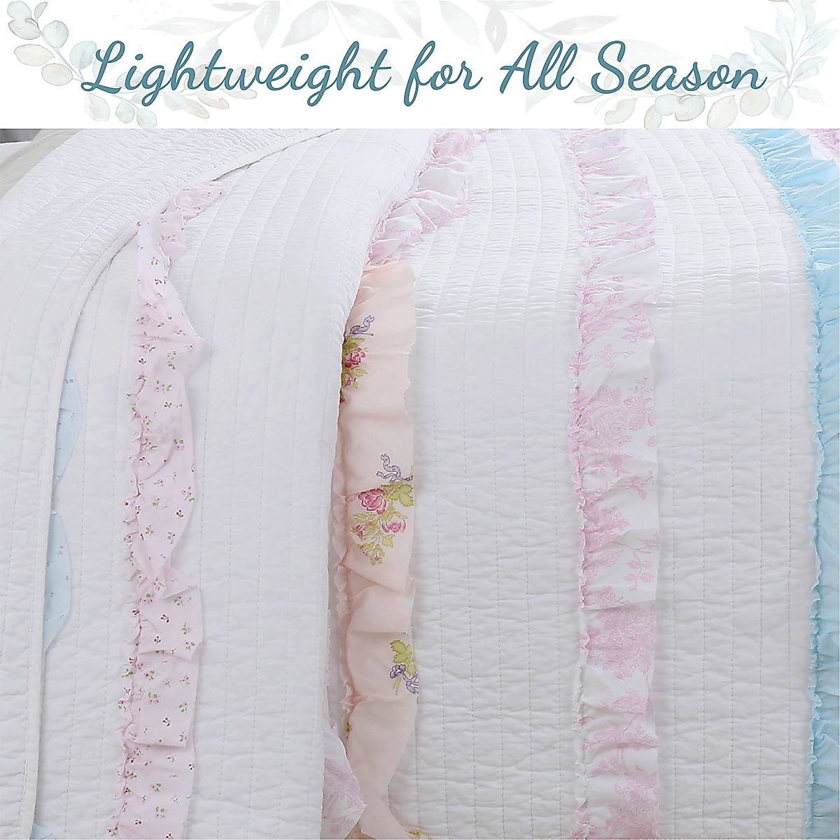 Cozy Line Home Fashions Light Pink Blue Coral White Ruffle 100% Cotton Reversible Girl Quilt Bedding Set, Reversible Coverlet Bedspread (Shabby Chic, Queen - 3 Piece)