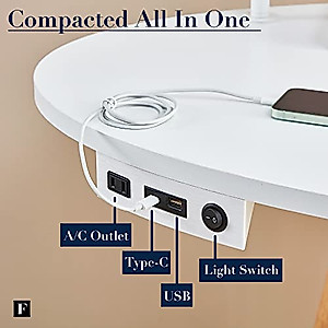 FENLO Future Oval - 45.5" Mid-Century Desk with Charging Station, Home Office Desk with USB, USB-C, and Power Outlet, Smart Work Table for Home Office, Round Table with USB Charging (White)