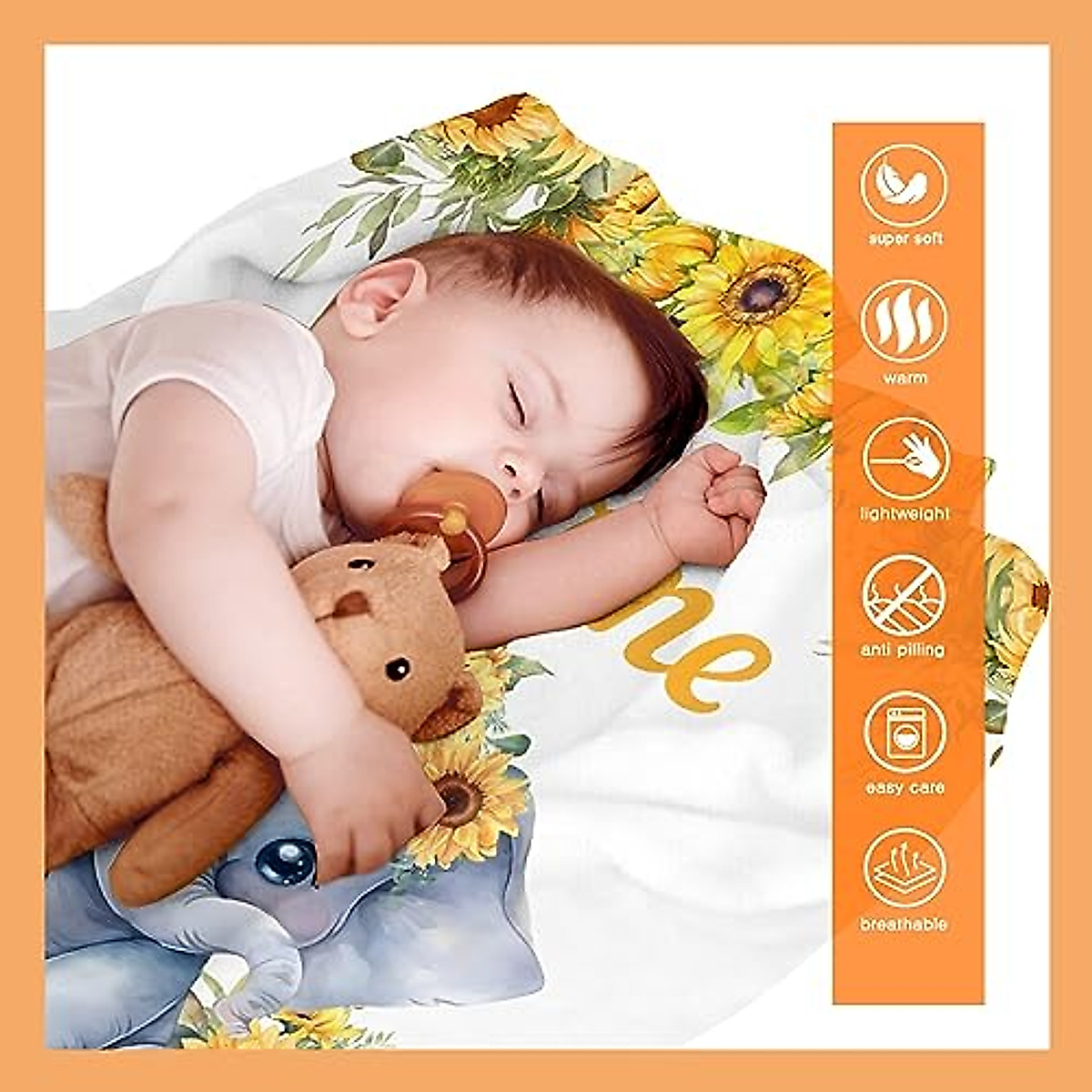 Personalized Baby Blanket Gifts for Girls Boys-Super Soft Comfy Flannel Throw Custom Name Sunflower Elephant Newborns Gift Cozy Nursery Toddler Fleece Blankets for Birthday Bed Sofa-30''x40''