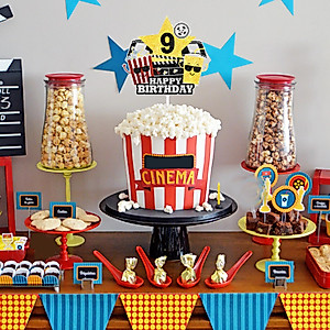 Movie Themed Happy 9th Birthday Cake Topper for Kids - Perfect for a boy or girl's movie-themed birthday party, movie night party, or Hollywood party popcorn movie projector decorations -SugarGera