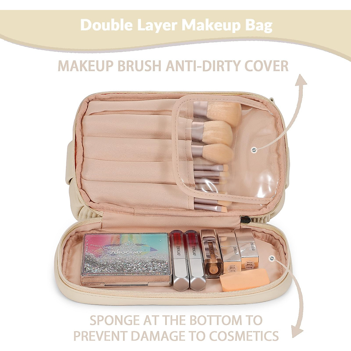 BAKLUCK Travel Makeup Bag Double Layer Large Capacity Makeup bag for Women, Cream PU Leather Toast Makeup Bag with Makeup Brush Compartment, Makeup Bag for Girls Travel Portable Beige Makeup Bag