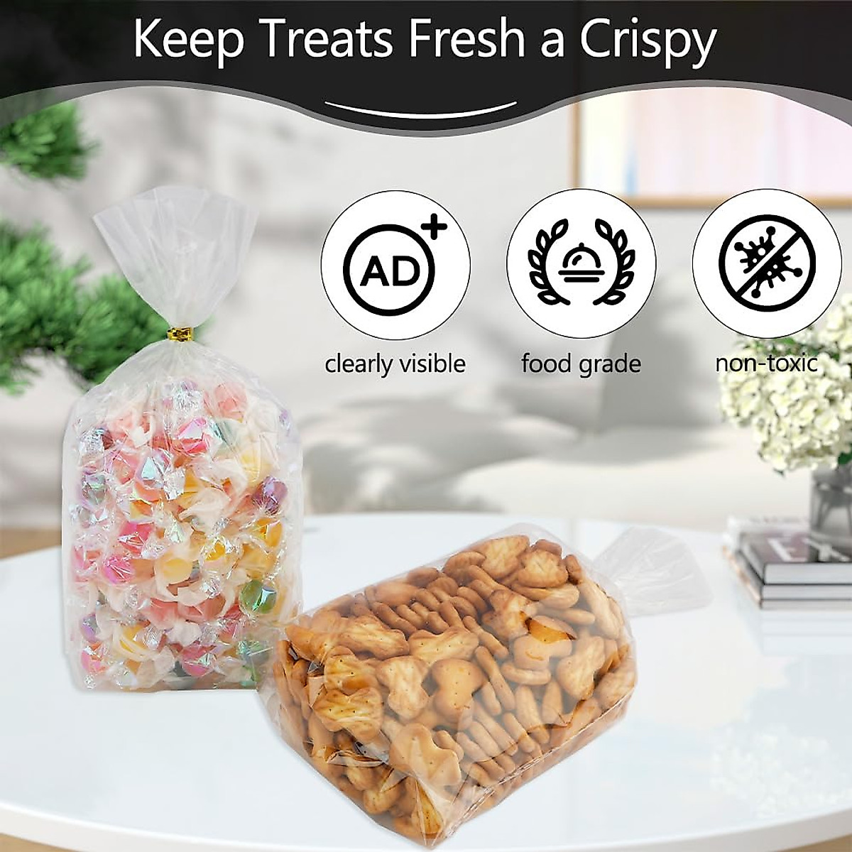 6"x 9" Bottom Gusset Bags, Cellophane Bags, 50Pcs Clear Cellophane Gift Bags with Twist Ties, Cello Cellophane Treat Goodie Bags for Party Favors Packaging Candy Cookies Popcorn Food Storage Wrapping