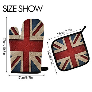 ZZKKO London Union Jack Oven Mitts and Potholder Set Heat Resistant Kitchen Counter Safe Mats Oven Gloves Non-Slip Grip for BBQ Grill Baking Cooking Oven Microwave to Protect Hands and Surfaces