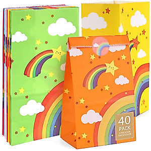 JOHOUSE 40PCS Party Favor Paper Bags, Rainbow Treat Bag with Stickers Small Goody Bag Gift Bags for Candy Birthday Baby Showers Weddings Party Supplies
