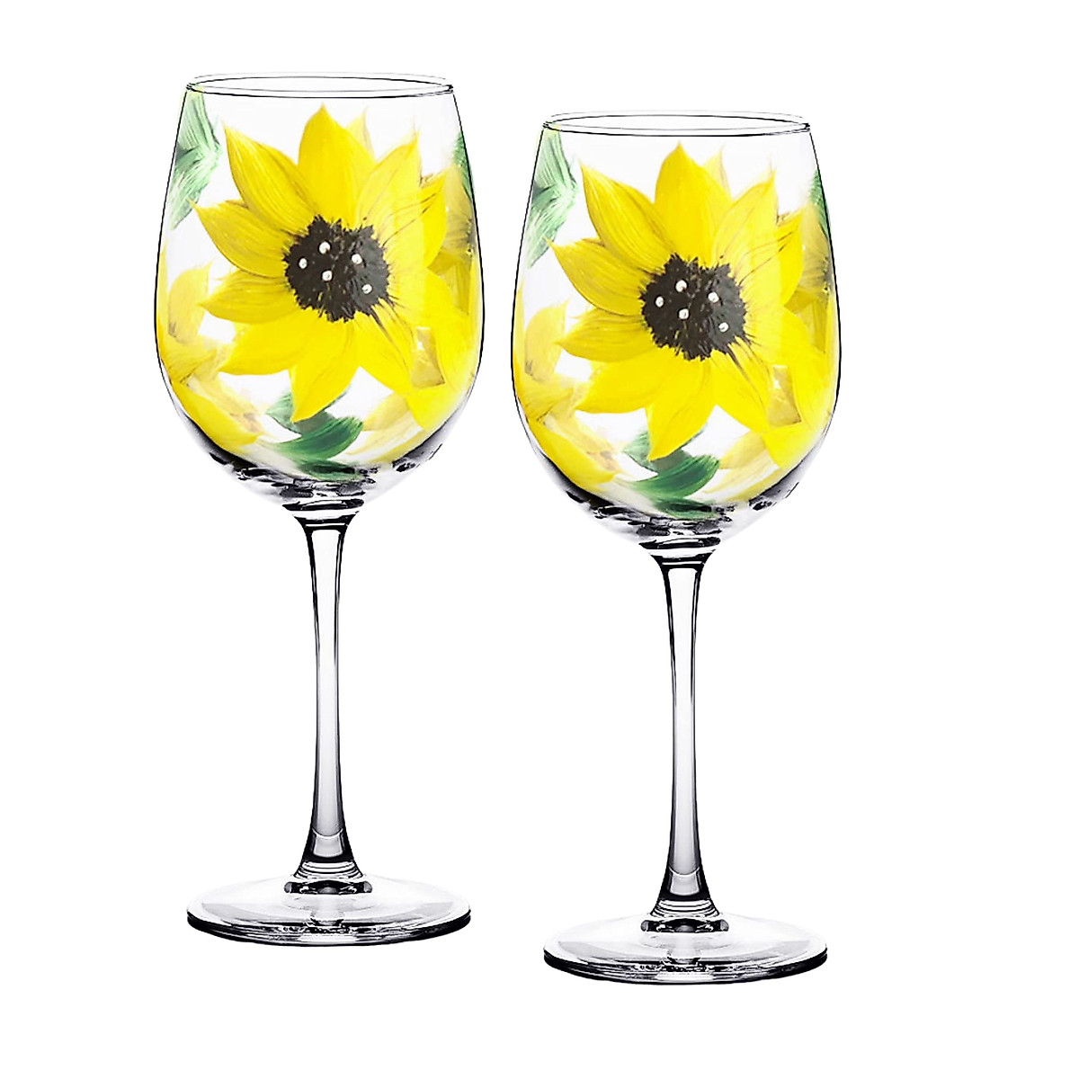 Hand Painted Sunflower Wine Glasses, 12 Ounce Stemmed Set of 2, Perfect Gift for Mom, Wine Lovers, Mothers Day, Birthday, Easter, and Christmas, Yellow and Green design, Artisian Brushes with a View