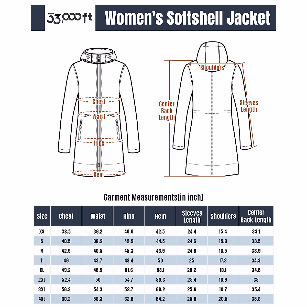 33,000ft Women's Waterproof Softshell Long Rain Jacket with Hood Fleece Lined Windproof Windbreaker