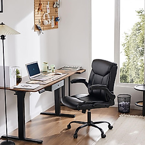 OLIXIS Ergonomic Executive Office Chair - Mid Back Height Adjustable with Flip-up Armrest, Computer Desk with Wheels, PU Leather with Lumbar Support, Black