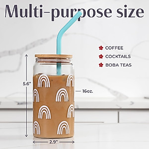 Drinking Glasses with Bamboo Lids - 16oz Glass Cups with Airtight Lid and Wide Silicone Straws - Set of Four - Can Shape Glassware with Fun Designs