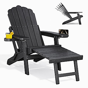Ahomly Adjustable Backrest Adirondack Chair with Ottoman & 2 Cup Holders, HIPS All-Weather Folding Adjustable Adirondack Chair, for Outdoor, Beach, Pool, Porch, Lawn, Black