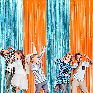 MIKIMIQI 2 Pack Blue Orange Foil Metallic Fringe Curtains for Party Decorations Blue Orange Curtain Backdrop Streamer for Birthday Party Dart War Party Supplies Party Decors, 3.25ft x 6.5ft x 2pcs