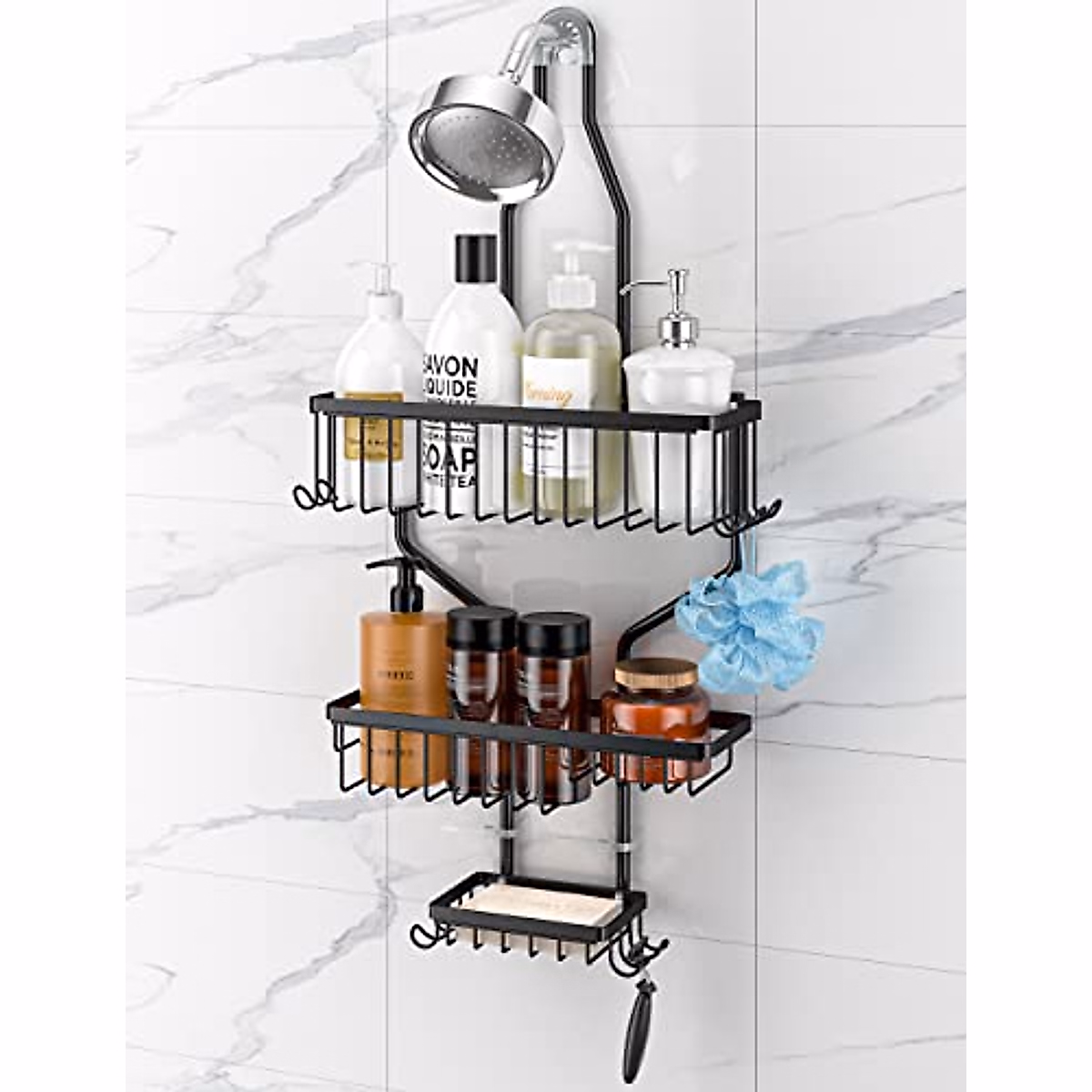 HYSEYY Shower Caddy Over Shower Head Hanging Shower Caddy for Bathroom, No Drilling Rustproof Stainless Steel Hanging Shower Organizer with Soap Holder, 10 Hooks, Large Capacity for Whole Family
