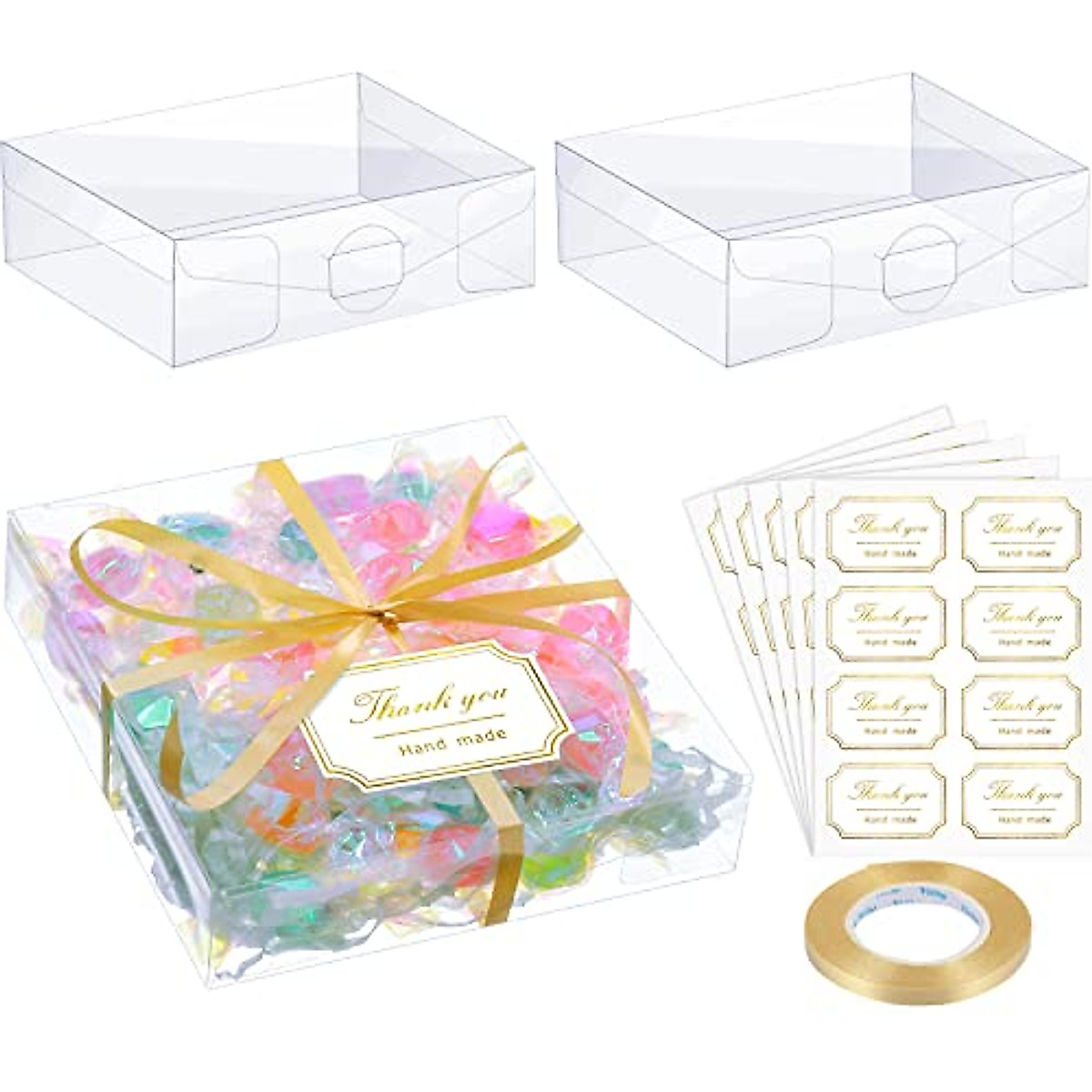 35 Pcs Clear Favor Boxes 4 x 4 x 1.2 Inch Transparent Rectangle PVC Plastic Boxes 40 Pcs Thank You Label Stickers and 1 Roll Gold Ribbon for Wedding Candy Chocolate Birthday Halloween Christmas Gift