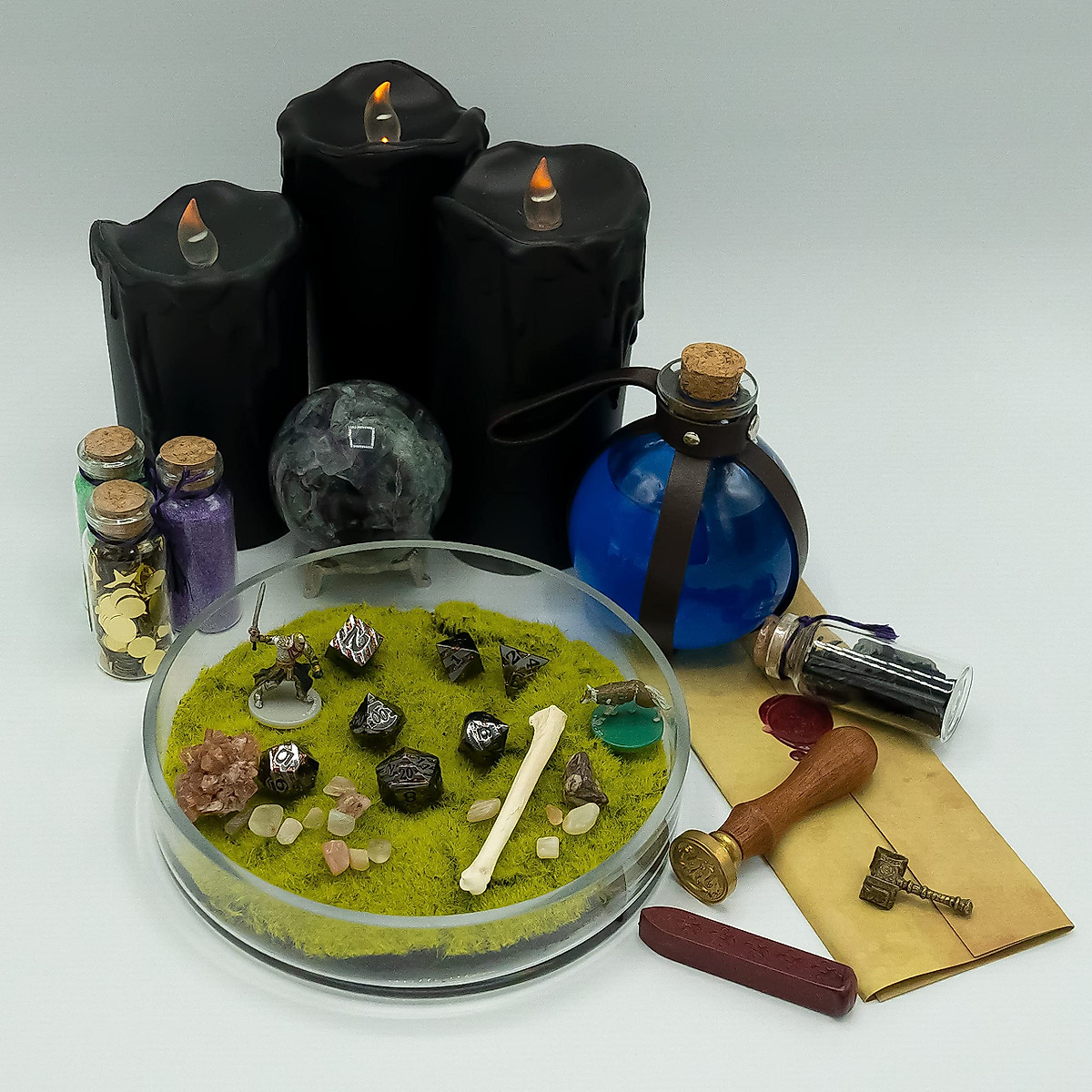 TINY GREMLIN Metal Dice of Dwarven Mining - Dungeons and Dragons Dice - Orange Glitter with Antique Nickel Metal Swirl with Black Font