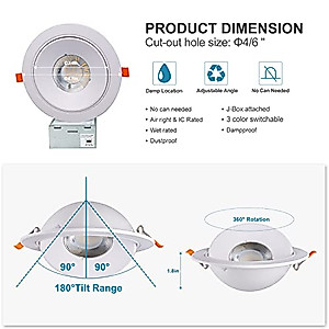 12 Pack Gimbal LED Recessed Lighting 6 Inch, 12W 1200LM (110W Eqv.) 360°Rotation LED Recessed Light with Acrylic Lens, 3 Color Selectable LED Can Lights, CRI90 Dimmable Downlight, IC Rated