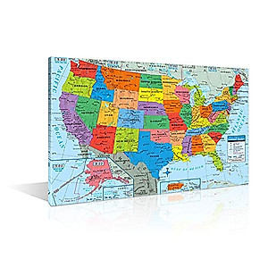 General America Map Wall Art Painting Detailed USA Map Pictures Print On Canvas Art The Picture for Home Modern Decoration Single Panel Modern Wall Decor Stretched and Framed Ready to Hang(12"Wx18"H)