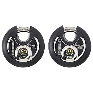 BRINKS Heavy Duty Padlock & Key 2 Pack- 70mm Stainless Steel Keyed Alike Commercial Discus Keyed Lock for Storage Shed, Garage, Locker, Sliding Doors, Cabinets & More Round with Steel Shackle, Black