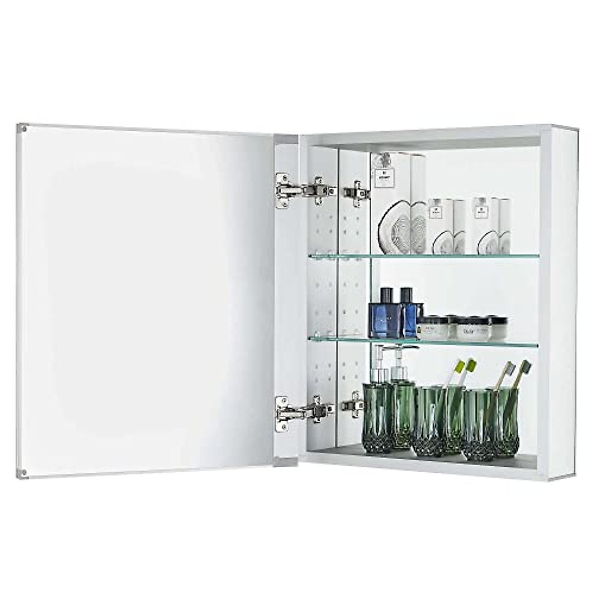 Bathroom Medicine Cabinet, Aluminum, Recessed/Surface Mount, 24" x 24", Right/Left Hinged, Mirrored Interior