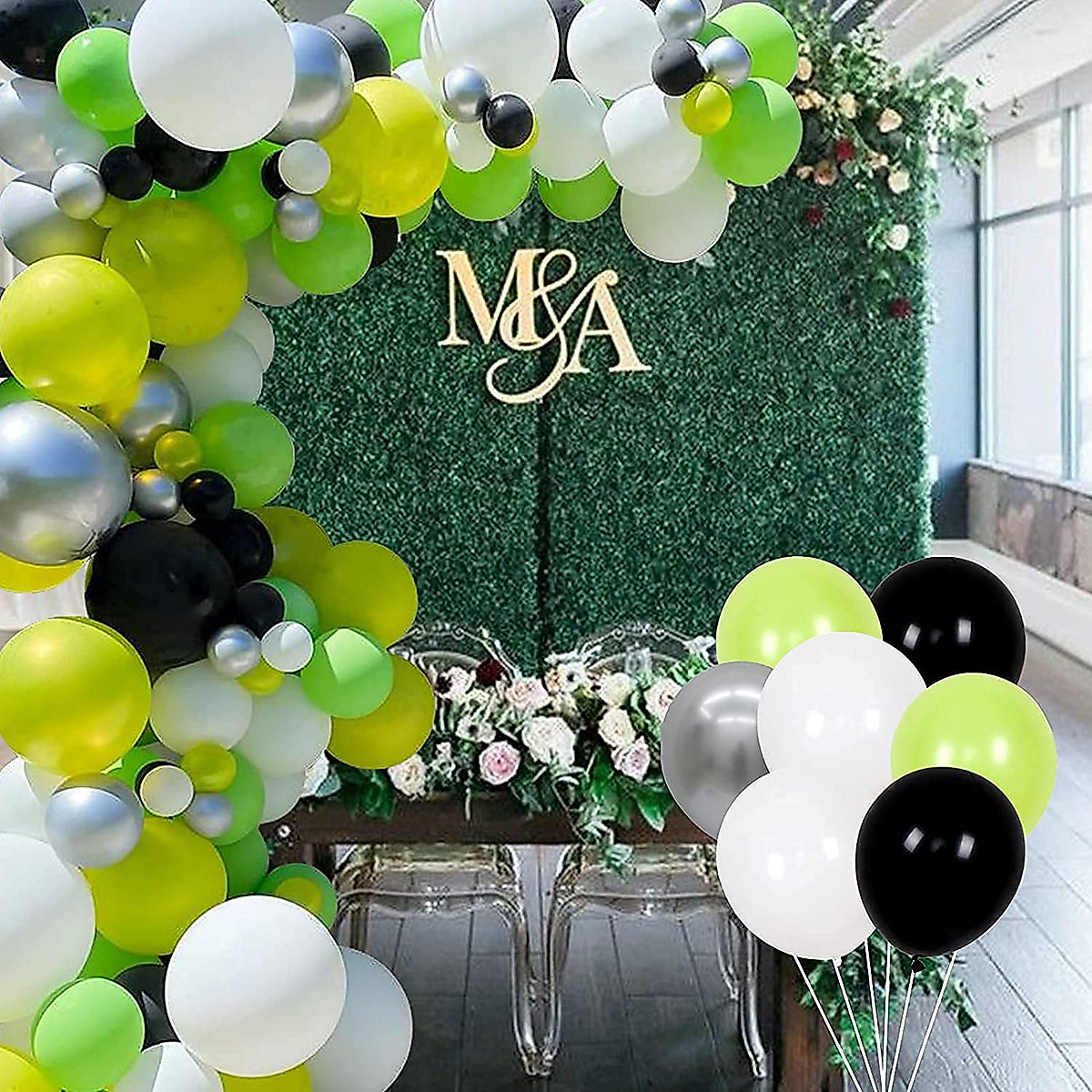 Balloon Garland Kit Green Silver Black, 130pcs Green and White Balloon Garland Arch Kit for Wedding Birthday Baby Shower Tropical Theme Jungle Party Decorations