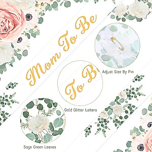 4 Pieces Flowers Leaves Mom to Be Sash Neutral Sage Green Crown Kit Include Gold Glitter Letters Sash, Mom to Be & Dad to Be Corsage and Headband Keepsake Decoration (Leaf Style)