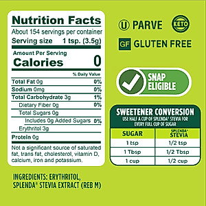 SPLENDA Stevia Zero Calorie Sweetener, Plant Based Sugar Substitute Granulated Powder, 19 oz Jar