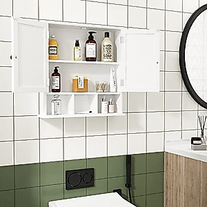 ChooChoo Bathroom Cabinet Wall Mounted 2-Door with 3 Open Shelves, Wooden Medicine Cabinets with Adjustable Shelf, Space Saver Storage Cabinets Over The Toilet for Bathroom&Living Room, White