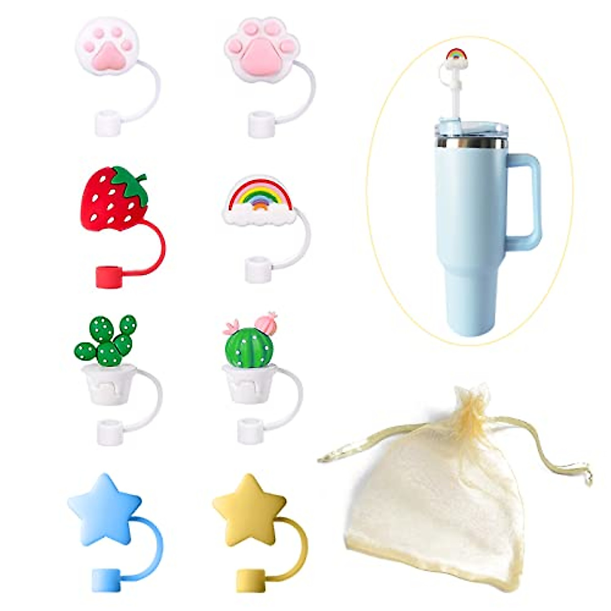 Straw Covers for 10-12mm Straws - 8 Pieces Reusable Straw Caps, Silicone Straw Tips Compatible with Stanley Cup Stanley 40 oz Tumbler Reduce Tumbler, Cute Drinking Straw Plugs with Pocket (12 mm)