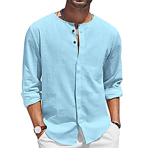 COOFANDY Men's Linen Button Down Shirt Long Sleeve Casual Beach Tops(Blue, Medium)