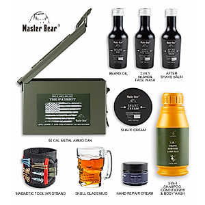 Gift for Men | 50 Cal Metal Ammo Cans Gift Box Shaving Grooming Set Collection for Him | Fathers Day Holiday Christmas Gift Ideas with Glass Skull Beer Mug, Magnetic Wristband, Hand Cream, Body Wash