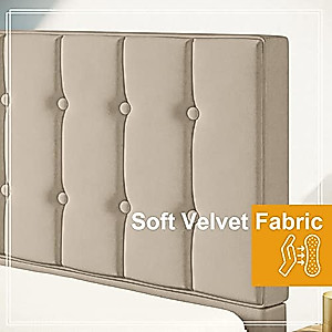 LIKIMIO Full Size Bed Frame, Velvet Upholstered Platform Bed with Metal Frame and Wooden Slats/Easy to Assemble/Mattress Foundation(Beige, Full)