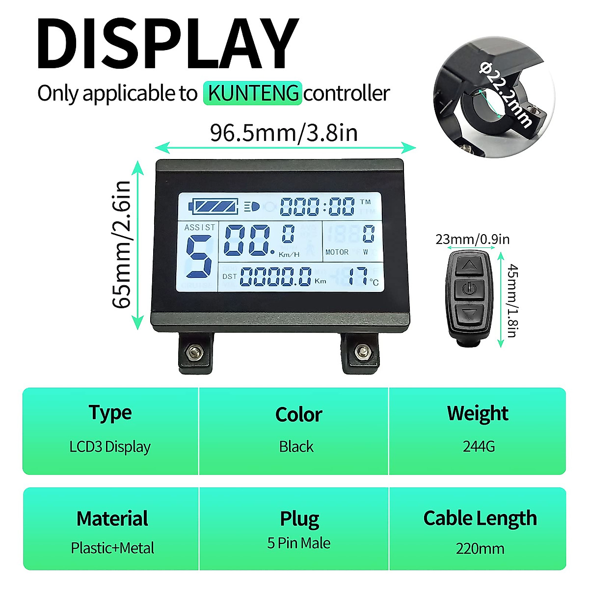 SPOECRTN E-Bike KT-LCD3 24V/36V/48V Display with Waterproof and Normal Plug for KT Controller, Electric Bike Retrofit Kit Accessories (LCD3 WP)
