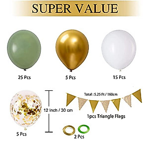 Green and Gold Confetti Balloons,50 Pack 12 Inch Sage Green Gold Party Balloons for Birthday Baby Shower Wedding Graduation Party Decoration with 5ft Gold Triangle Banner