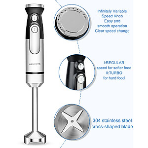 Amateys Immersion Blender Handheld,700W Hand Mixer Infinitely Variable Speeds,Multi-function Stainless Steel Stick Electric Kitchen Smoothie Blender with Detachable Whisk, Milk Frother,for Soup Puree