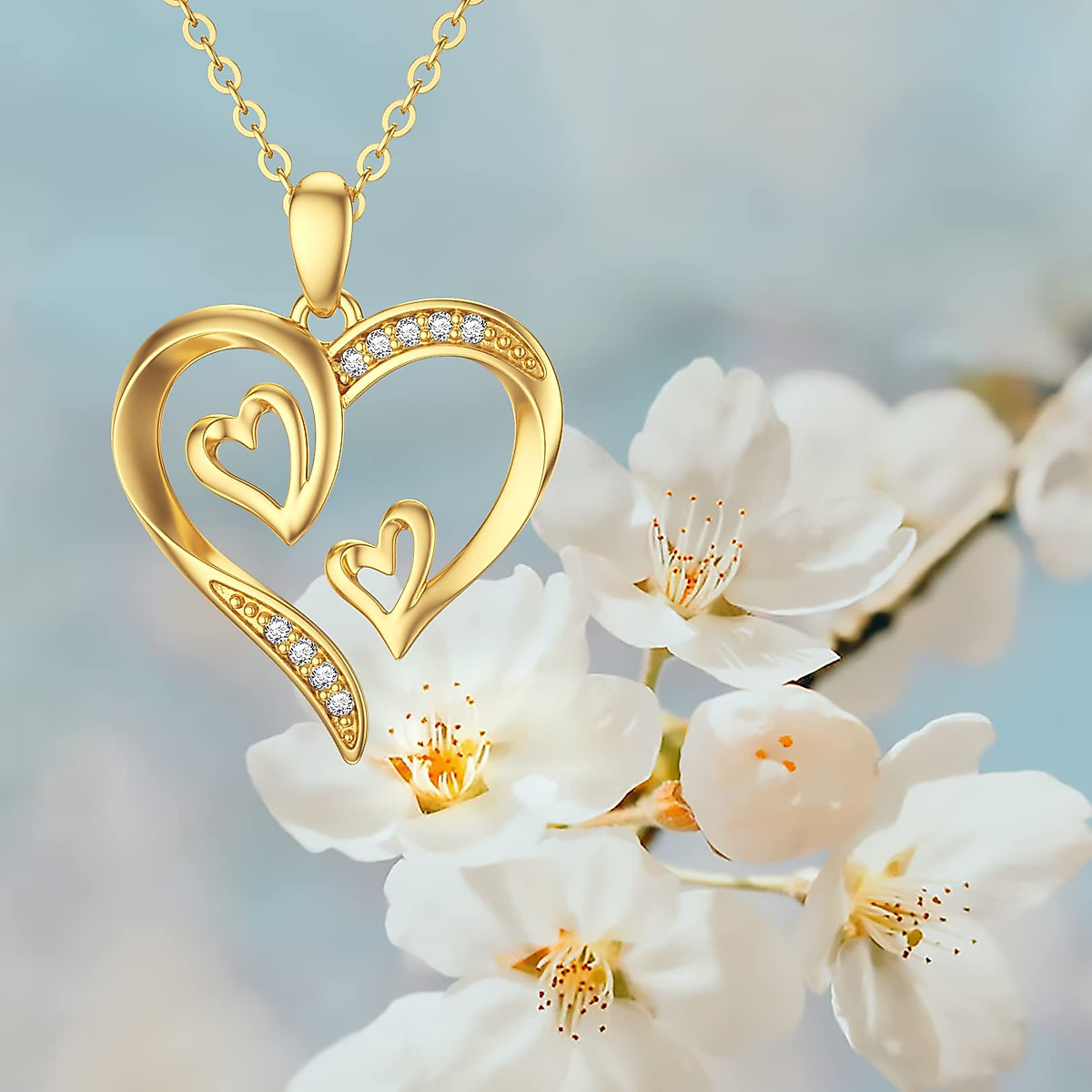 SISGEM 14K Real Gold Heart Necklace for Women,Yellow Gold Love Pendant Necklace Triple Hearts Jewerly Gifts for Birthday Anniversary 16+1+1 inch