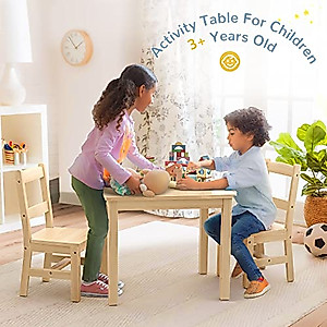 Curipper Rubberwood Kids Table and 2 Chair Set, Water Resistant Toddler Table and Chair Set, Non-Slip Pad and Waterfall Edge, Easy to Clean,Ideal Children Table Set for Bedroom, Playroom,Natural Wood