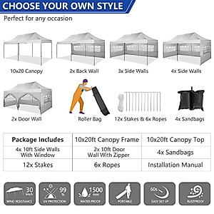 COBIZI 10x20 Pop up Canopy Tent Heavy Duty with 6 Sidewalls, Easy Set-up Commercial Outdoor Party Tent, 100% Waterproof Wedding Tent Gazebo, 3 Height Adjustable with Wheeled Bag,White