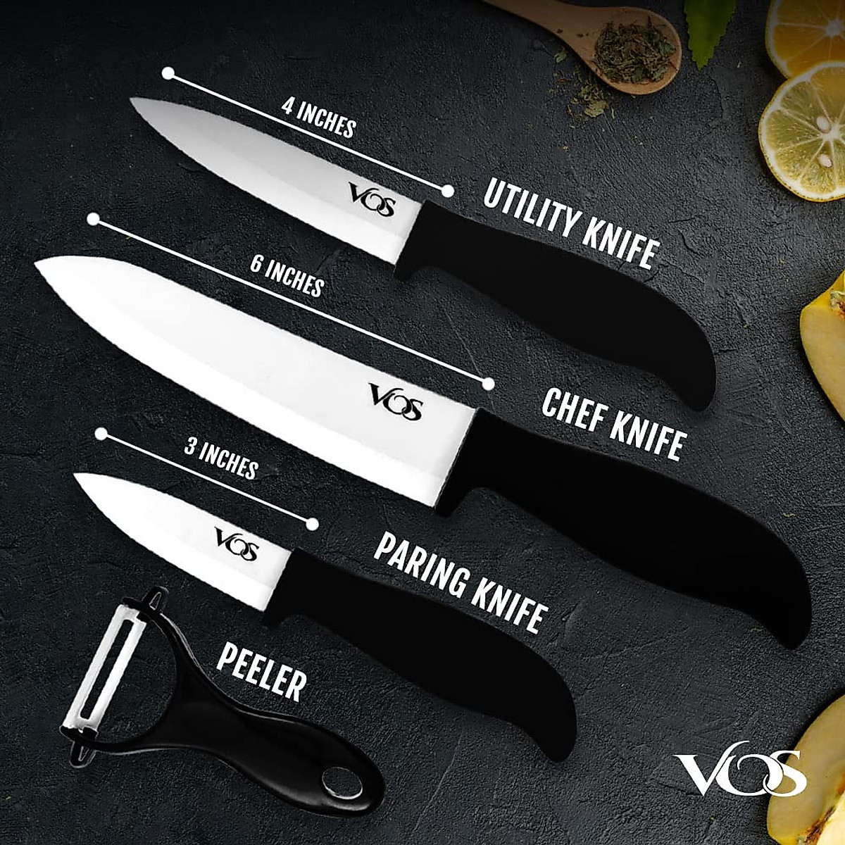Vos Ceramic Knife Set for Kitchen - Includes 3", 4", 5", 6" Knives with Covers & Peeler in Black - Sharp Ceramic Blades for Versatile Cutting and Paring