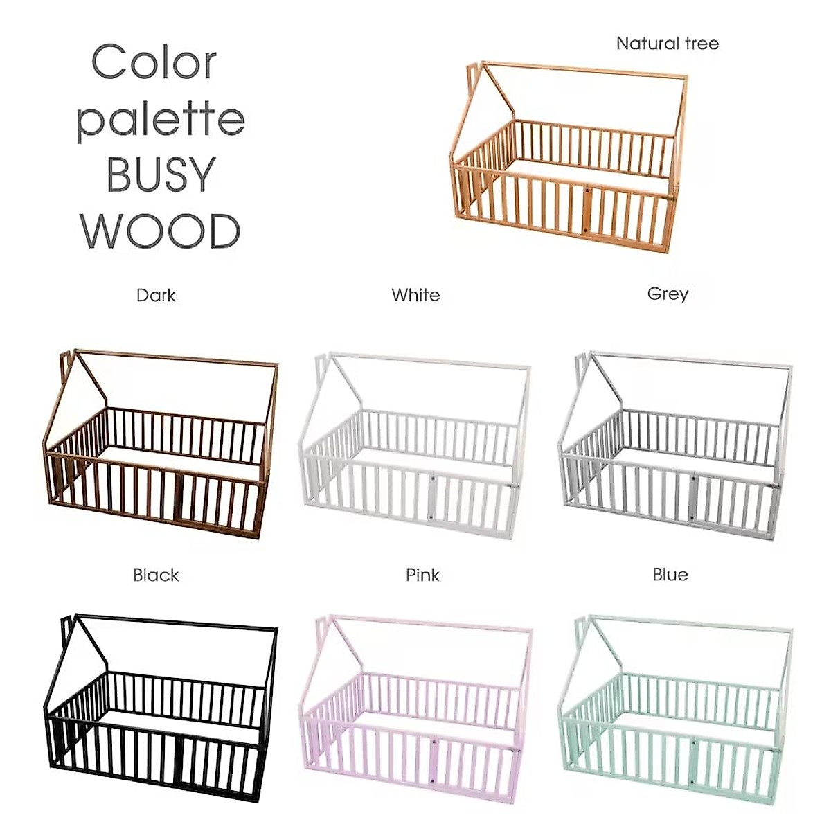 BUSYWOOD House Wooden Playpen - Montessori Floor Bed with Safe Gate - Toddler Bed - Floor Bed - Frame with Fence and Door - Toddler Bedroom Furniture - Full, Twin, Queen, King size (Model 6)