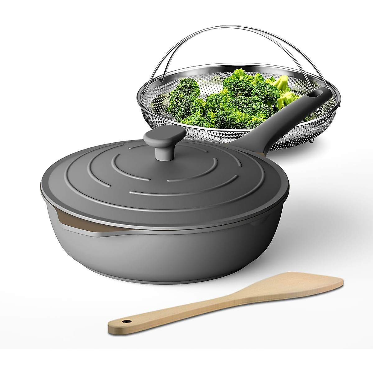 LIGTSPCE Always Nonstick Multipurpose Saute pan,All-in-One Pan,Large Skillet with Strainer,Deep Frying Pan with Lid(11-inch), PFOA Free non stick chef’s pan,Dishwasher and Oven Safe (Slate)