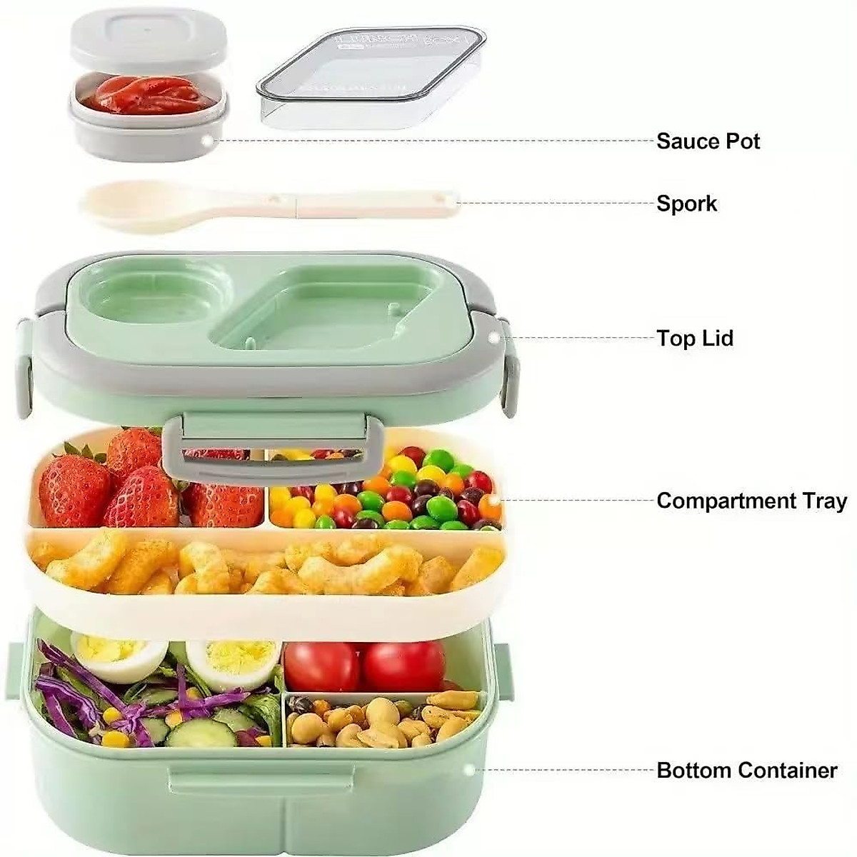 Tinaforld Adults Bento Lunch Box,Salad Container Large 43oz Salad Bowl, Bento-Style Tray for Toppings, 3oz Sauce Container for Dressings, and Built-In Reusable Fork (Green)