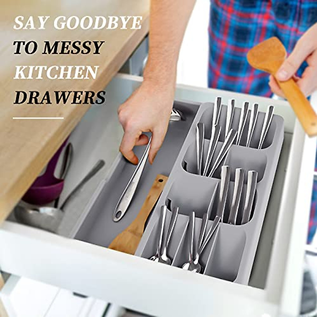 Silverware Organizer Storage Tray,Cutlery Expandable Organizer for Kitchen Drawer Holding Flatware Spoons Forks In-Drawer Knife Block,Kitchen Knife Drawer Organizer