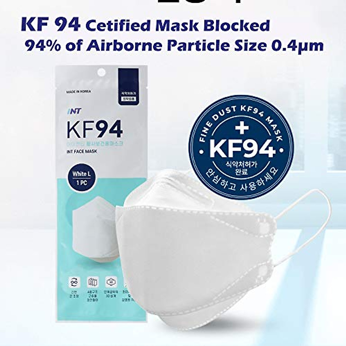【 30 Pack 】 INT White KF94 Mask, Certified, 4-Layered Face Safety, Patented Adjustable Earloop, FDA Registered Device, Individually Sealed Package"MADE IN KOREA"