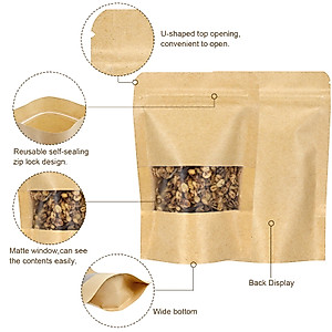 Blisstime Stand Up Pouch Bags, 100 Pack Kraft Paper Zip Lock Bags with Matte Window and Tear Notch Resealable Bags for Small Business Home Use (3.5 X 5.5 Inches)