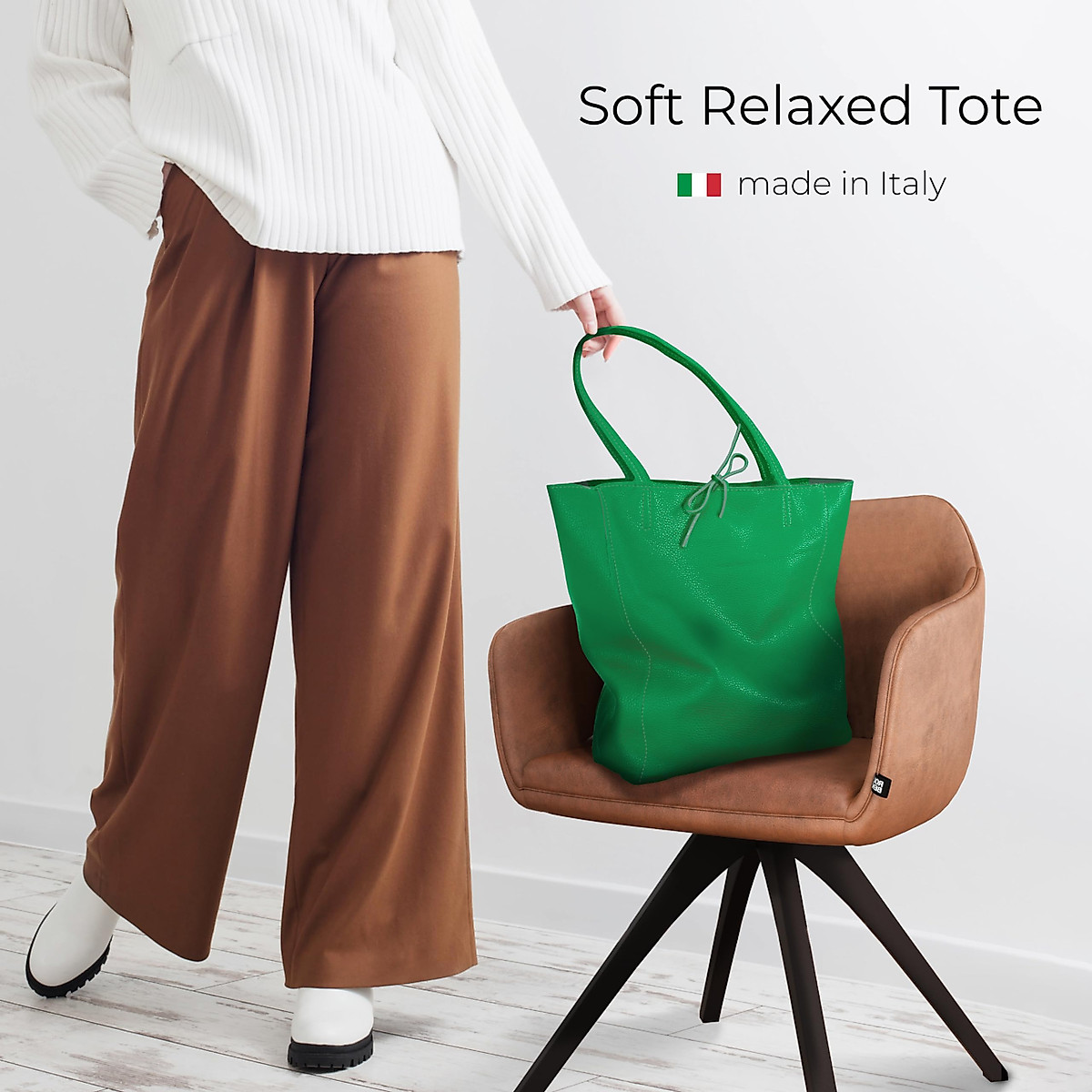 TAKEASY Italian Genuine Leather Tote Bag for Women with Zipper Large Tall Soft Unlined Handbag Purse for Shopping Work Travel (Green)