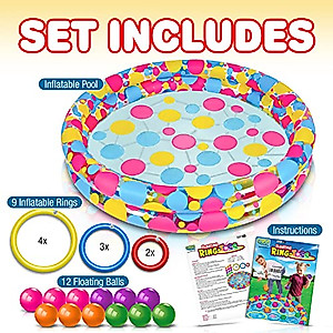 Gamie Floating Ring Toss Game for Kids, Outdoor Carnival Game Set with Inflatable Pool, Floating Rings, and Colored Plastic Balls, Outdoor Games for Family and Backyard Parties