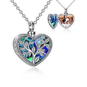ONEFINITY Cremation Urn Necklace for Ashes Sterling Silver Abalone Shell Tree of Life Locket Necklace That Holds Pictures Heart Cremation Keepsake Memorial Ash Jewelry for Women Men