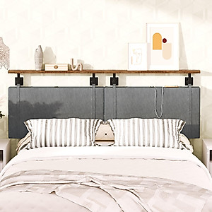 HOOBRO King Size Headboard, Wall Mount Hanging Headboard with 4 USB Ports and LED Light, PU Upholstery, Open Storage Shelf, for Bedroom, Bar, Dining or Entryway, Rustic Brown and Gray