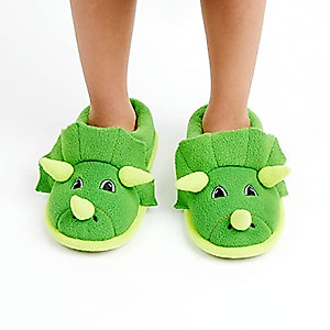 Dearfoams Easter Basket Stuffers Gifts for Kids Washable Animal Critter Slippers, Green Dinosaur, 4-5 Big Kid