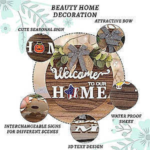 Interchangeable Seasonal Welcome Sign Front Door Decor– 30cm diameter Wooden welcome to our home wreath for home decor and Magnetic Interchangeable Icons, Suitable for all Occasions