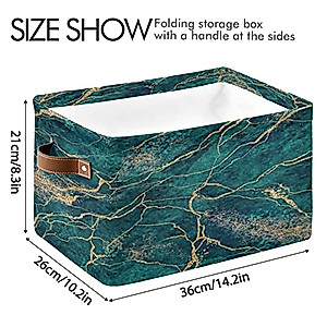 Kigai Collapsible Storage Basket with Handles, Gold Green Marble Canvas Fabric Storage Bins Toys Clothes Organizer for Bedroom, Nursery, Shelves, Closets (2PACK)